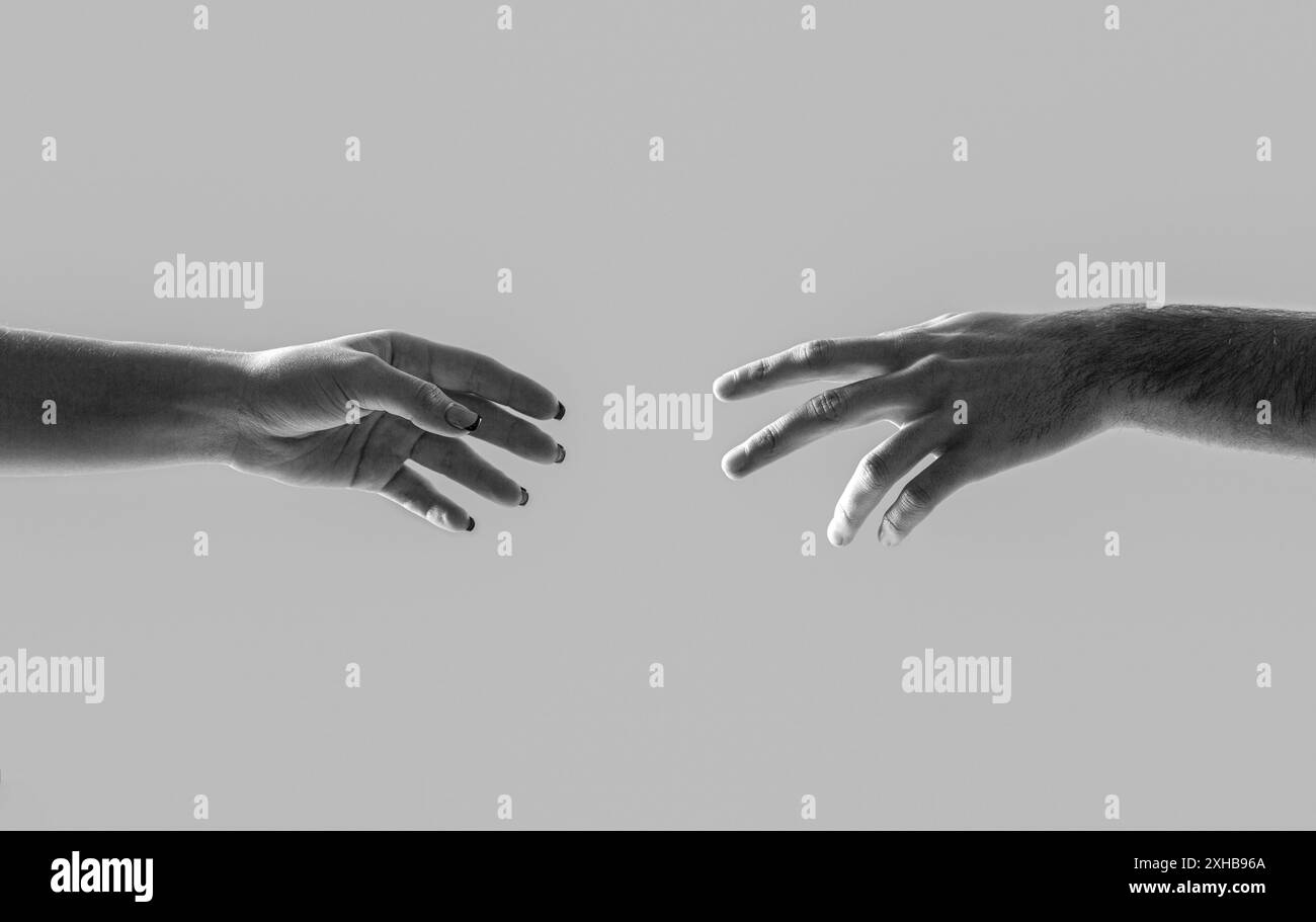 Hands man, woman reaching to each other, support. Hands of male and ...