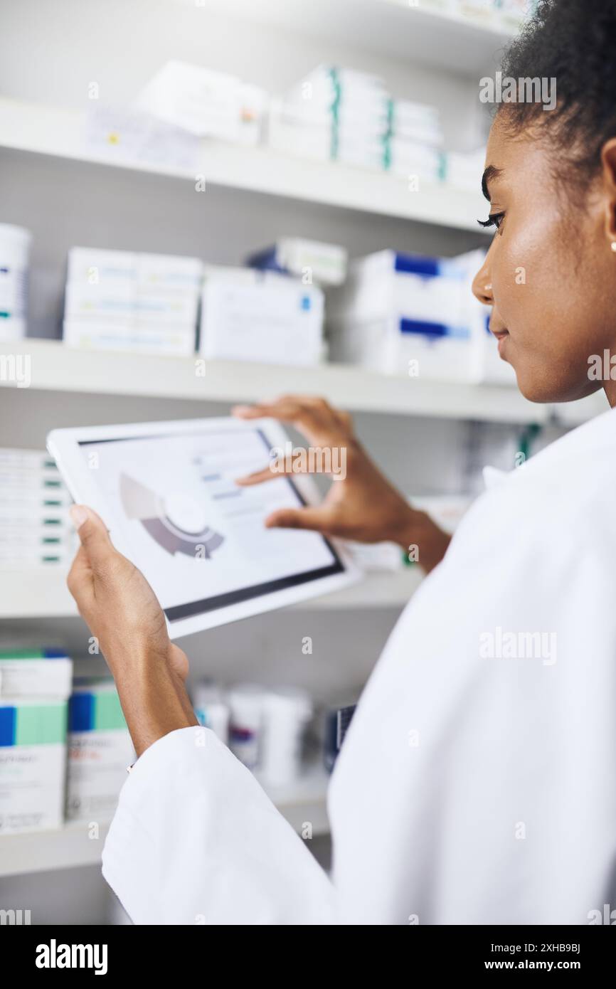 Woman, scroll or tablet with screen in pharmacy for stock inspection ...