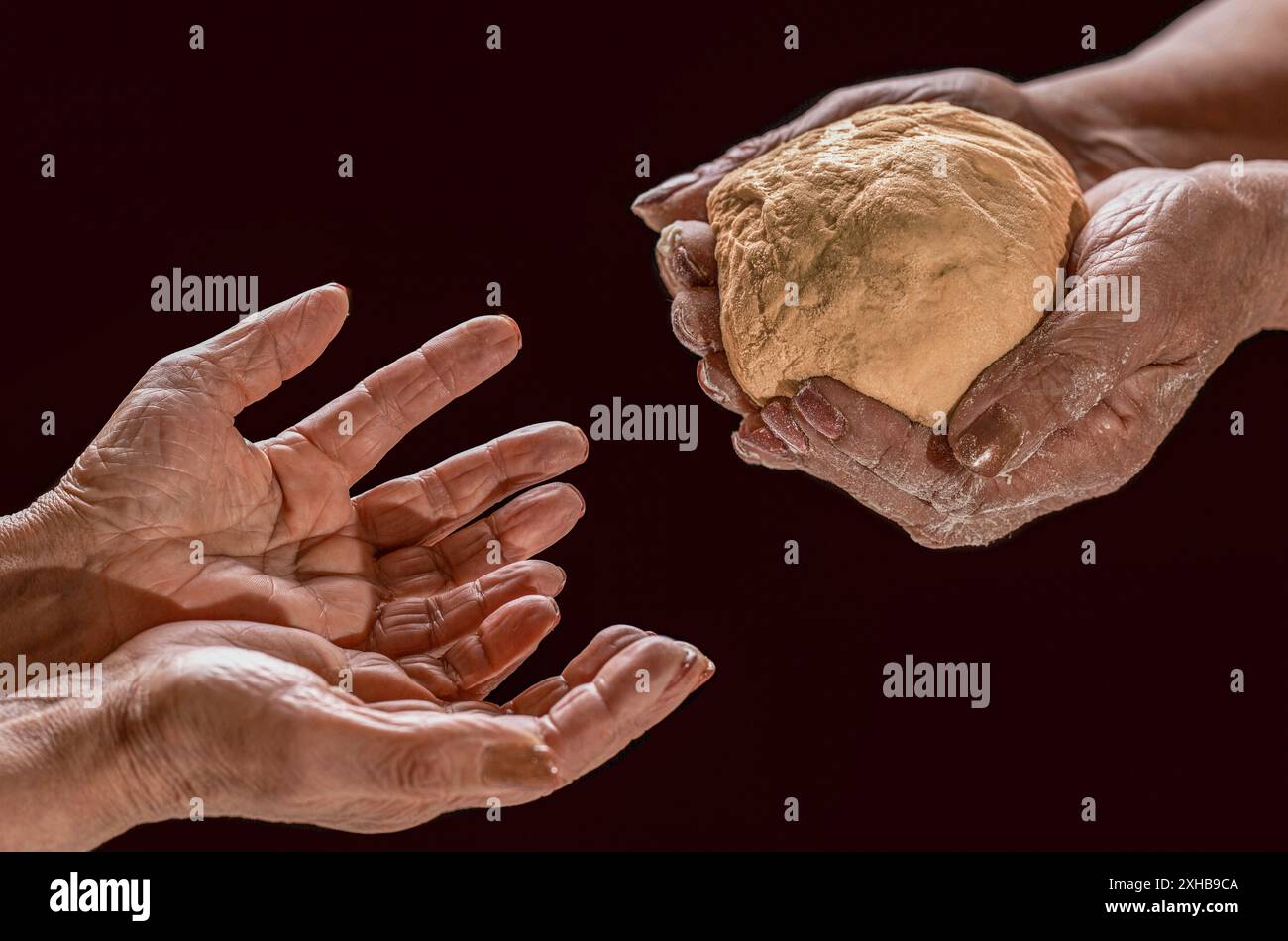 Hands with slice of whole wheat bread. Helping the homeless. Woman ...