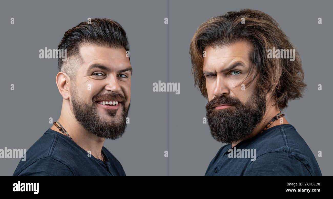 Shaggy bearded young guy with long hair before and after haircut in ...