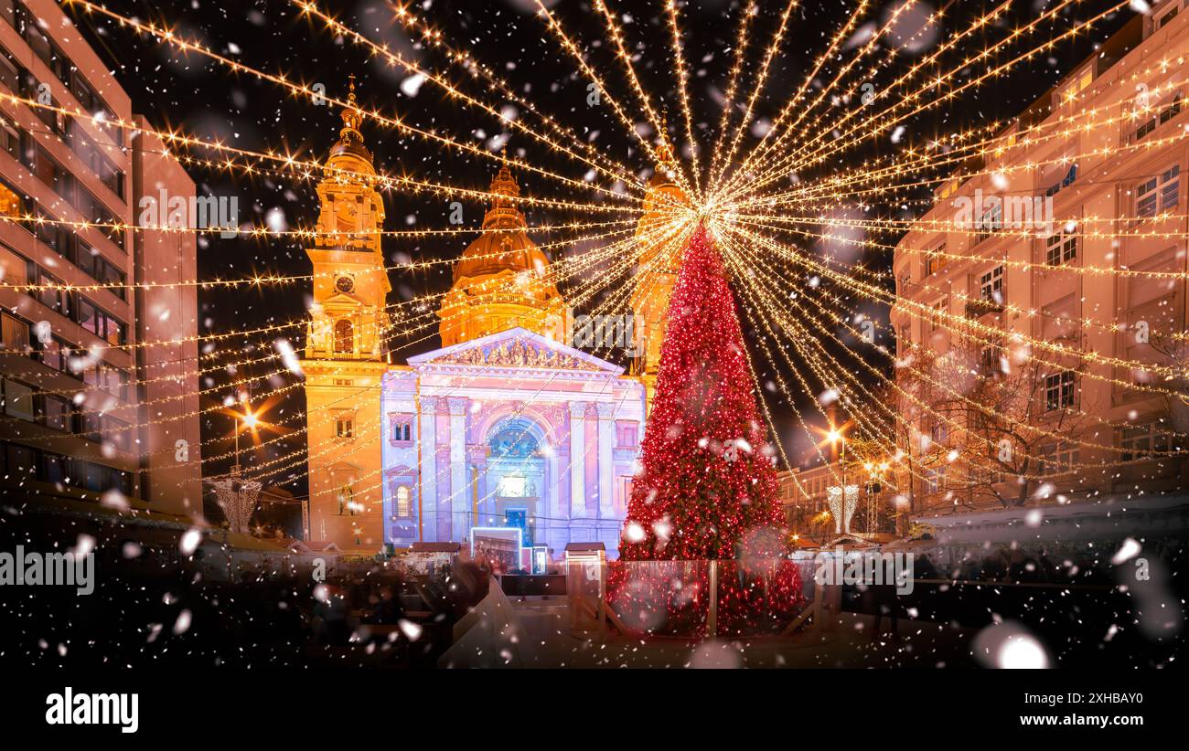 Christmas market at Saint Stephen Basilica in Budapest, with festive ...
