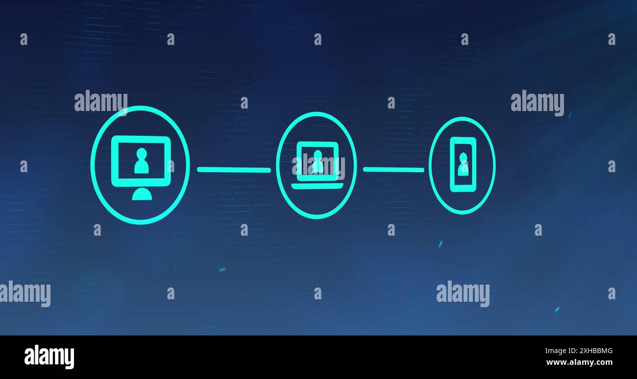 Connecting devices, icons of desktop, laptop, and smartphone in digital ...