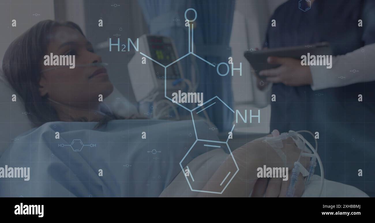 Receiving medical treatment, woman lying in hospital bed with IV drip ...