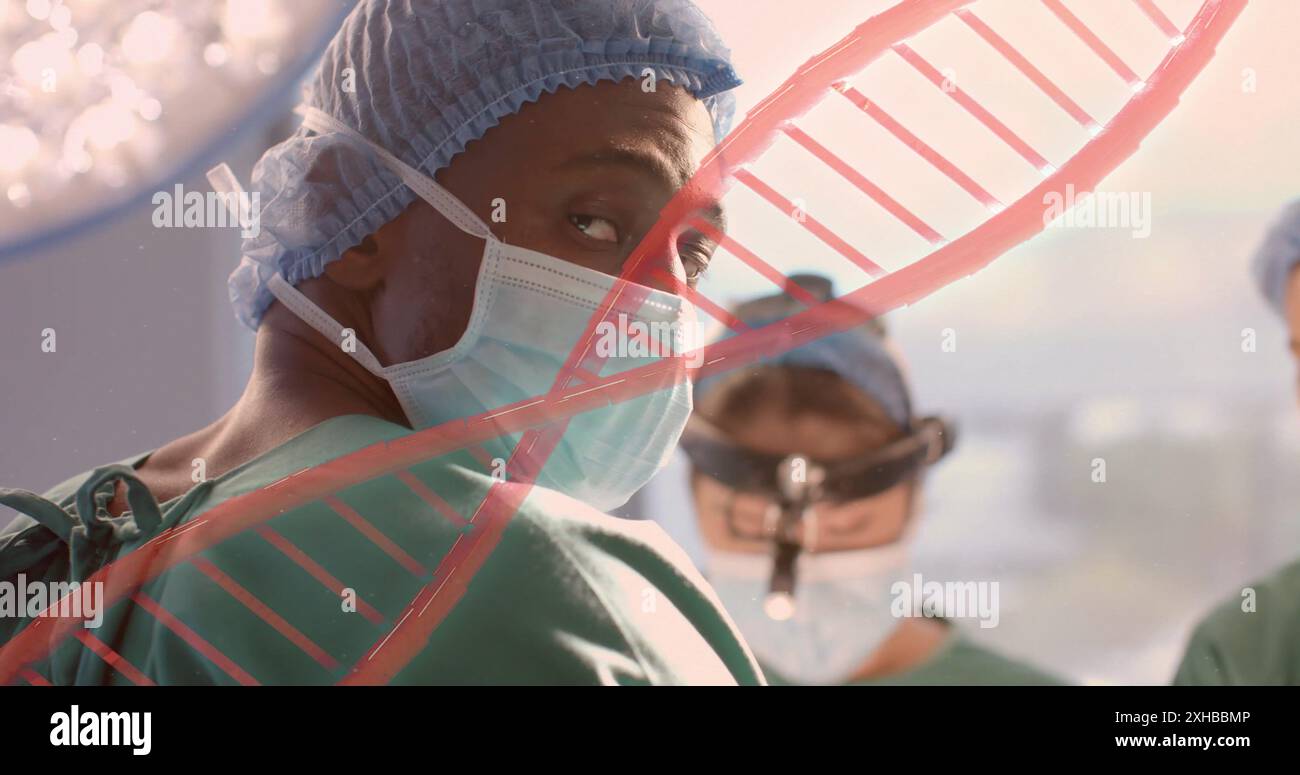 Surgeons in operating room, wearing masks and scrubs, with DNA helix ...