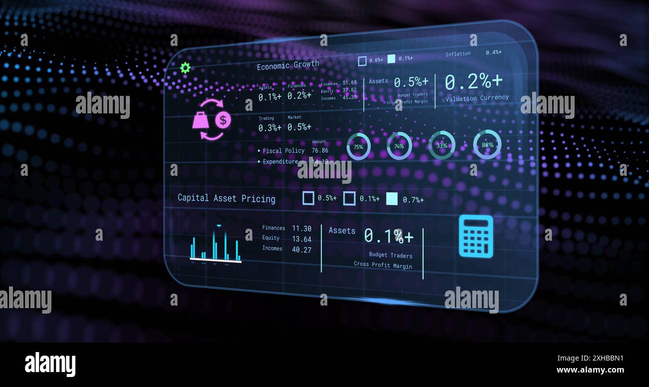 Analyzing futuristic digital screen, financial data displaying economic ...