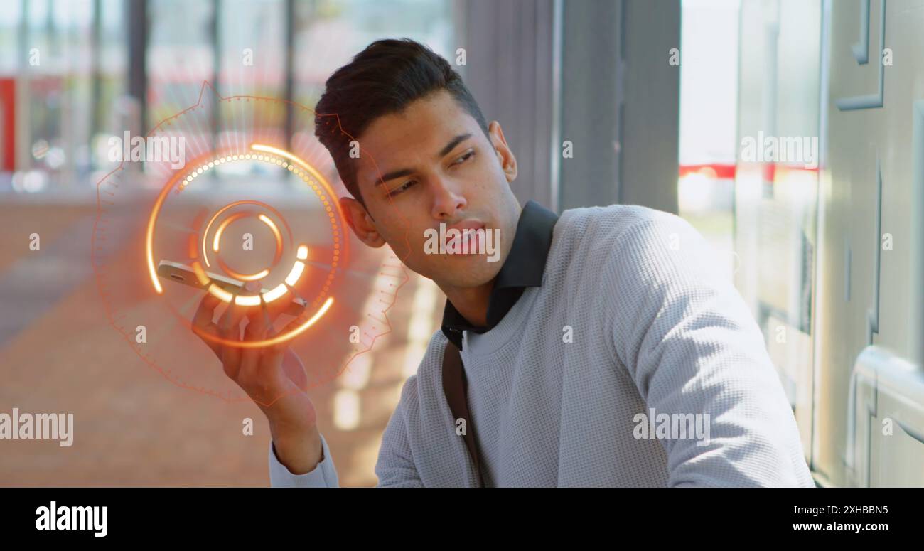 Using smartphone with futuristic holographic interface, man looking at ...