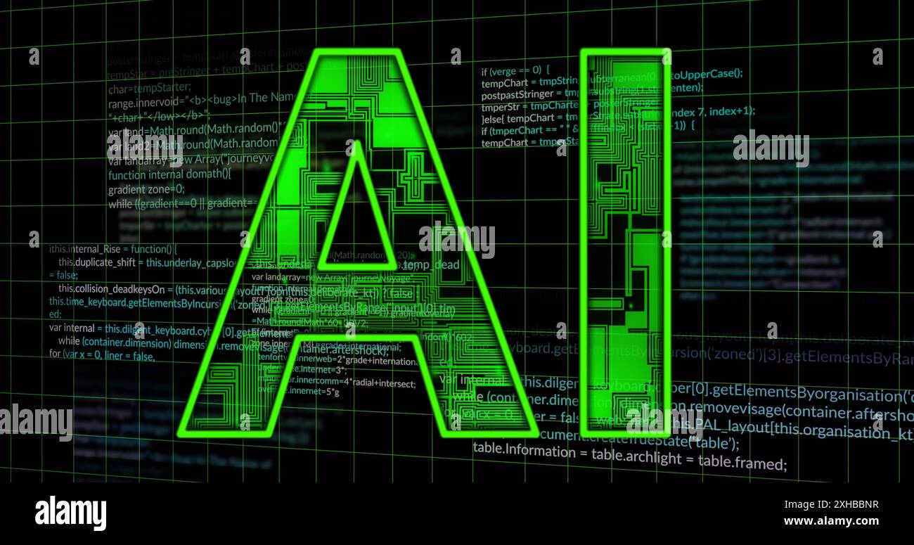 AI text overlay on digital code background, representing artificial ...