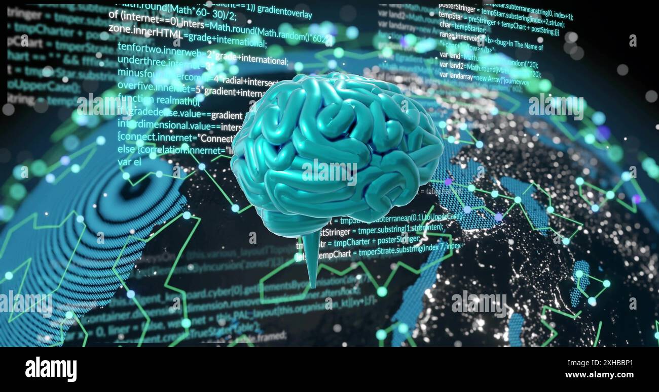 Digital data and world map, artificial intelligence brain representing ...