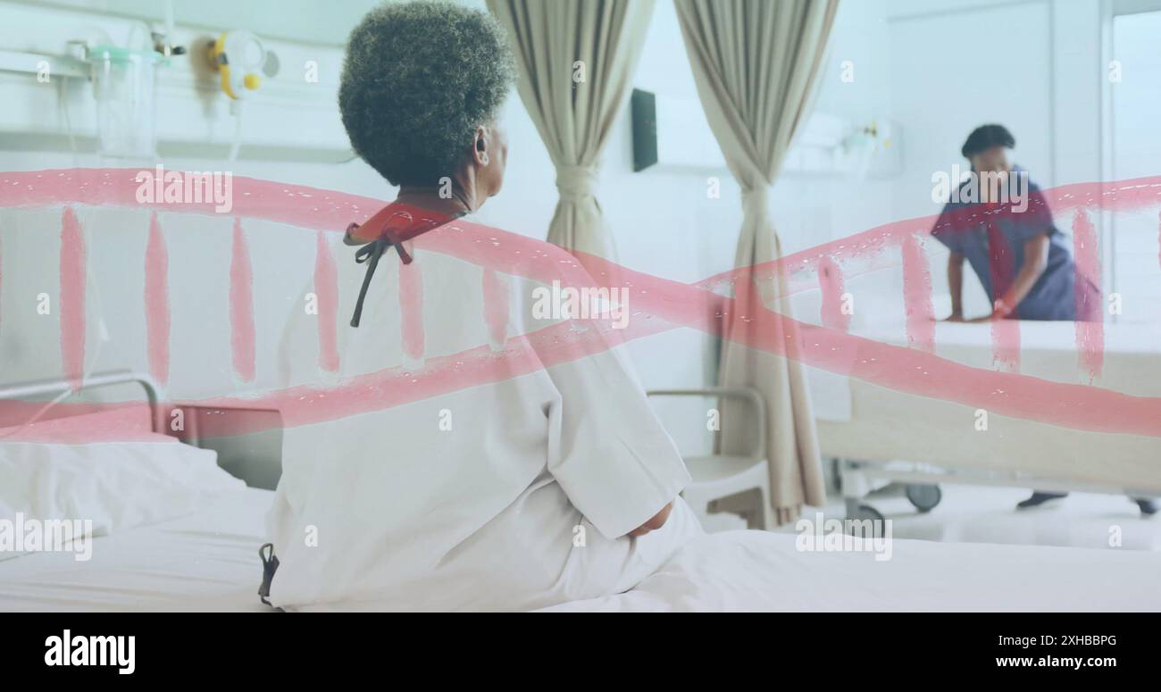 Patient sitting on hospital bed with DNA strand overlay, nurse in ...