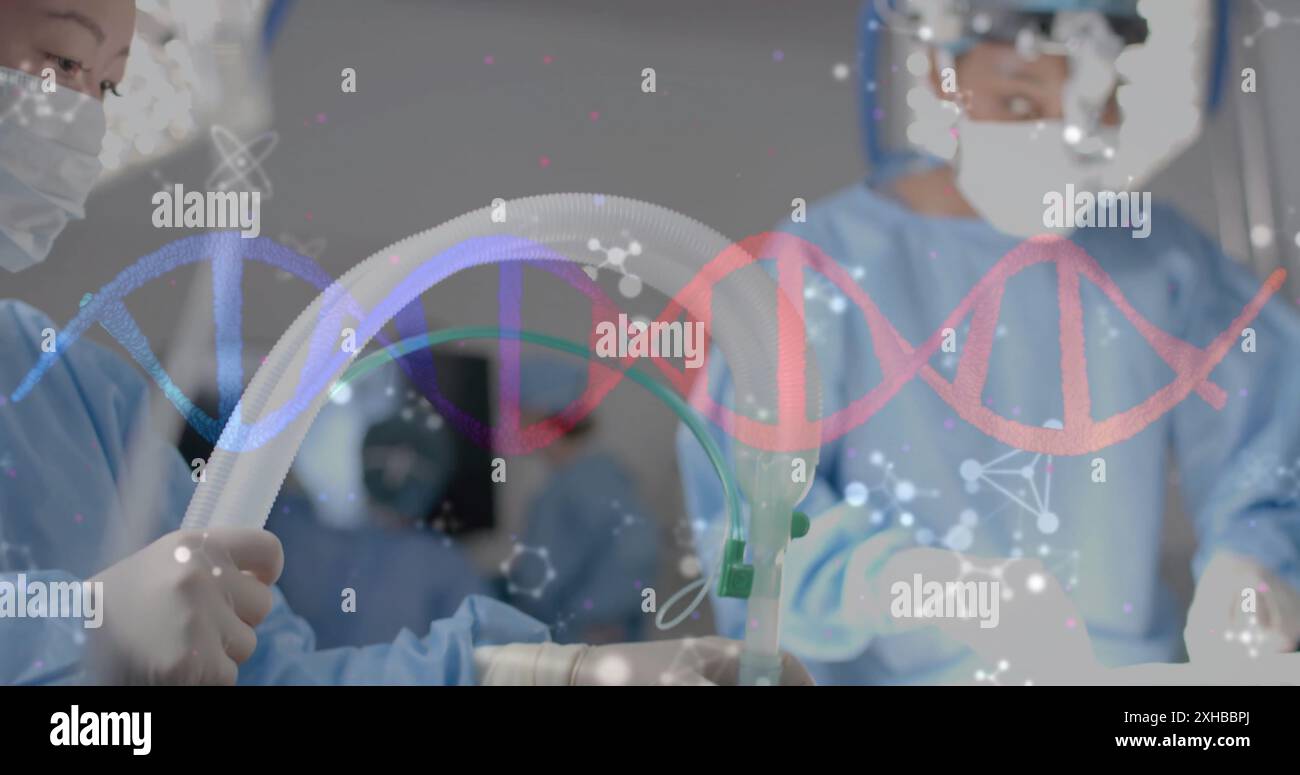 Performing procedure, medical professionals in surgical attire with DNA ...