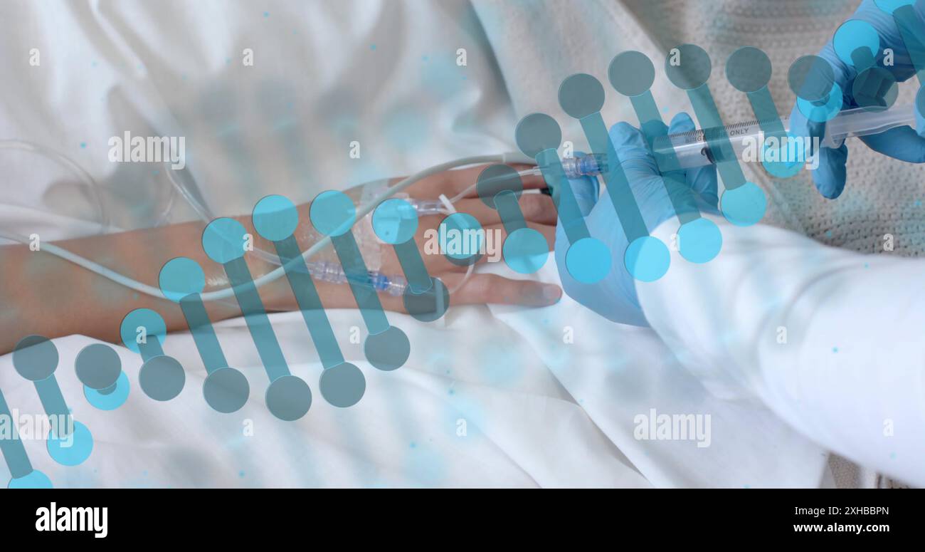 Administering IV treatment, healthcare professional wearing gloves attending patient. medical ...