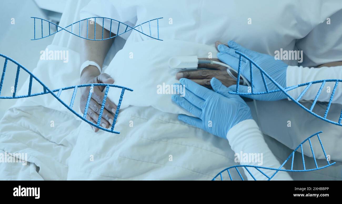 Doctor with gloves examining patient with IV, DNA strands overlaying ...