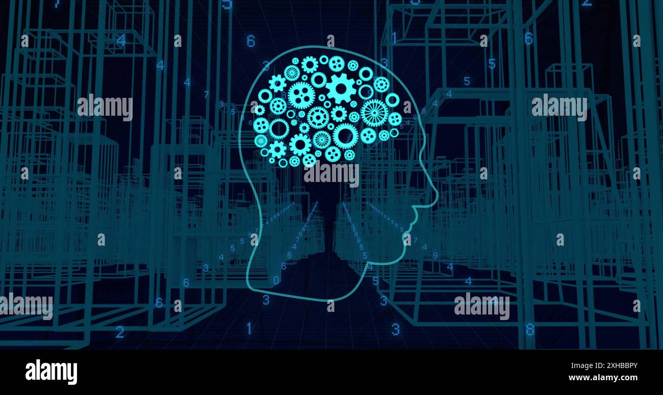 Human head silhouette with gears, representing artificial intelligence concept, digital ...