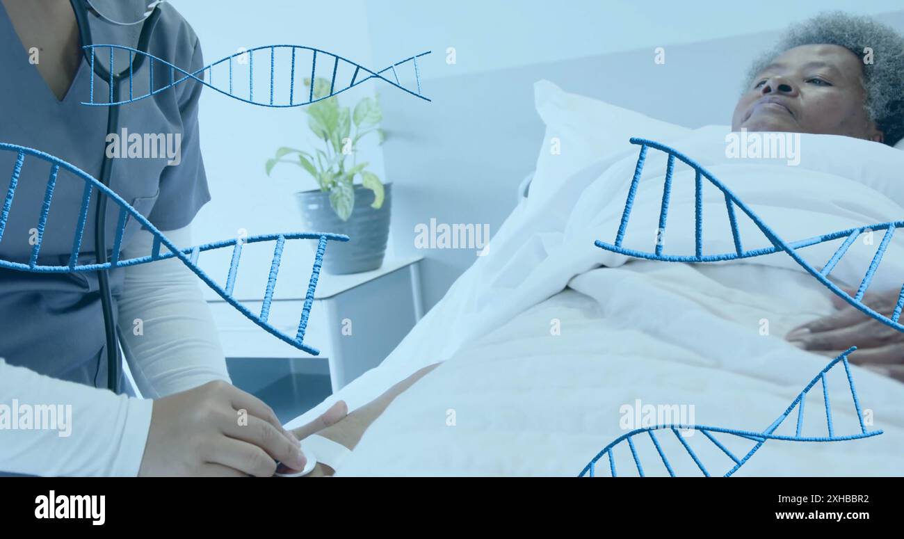Doctor examining patient in hospital bed with DNA helix graphics ...