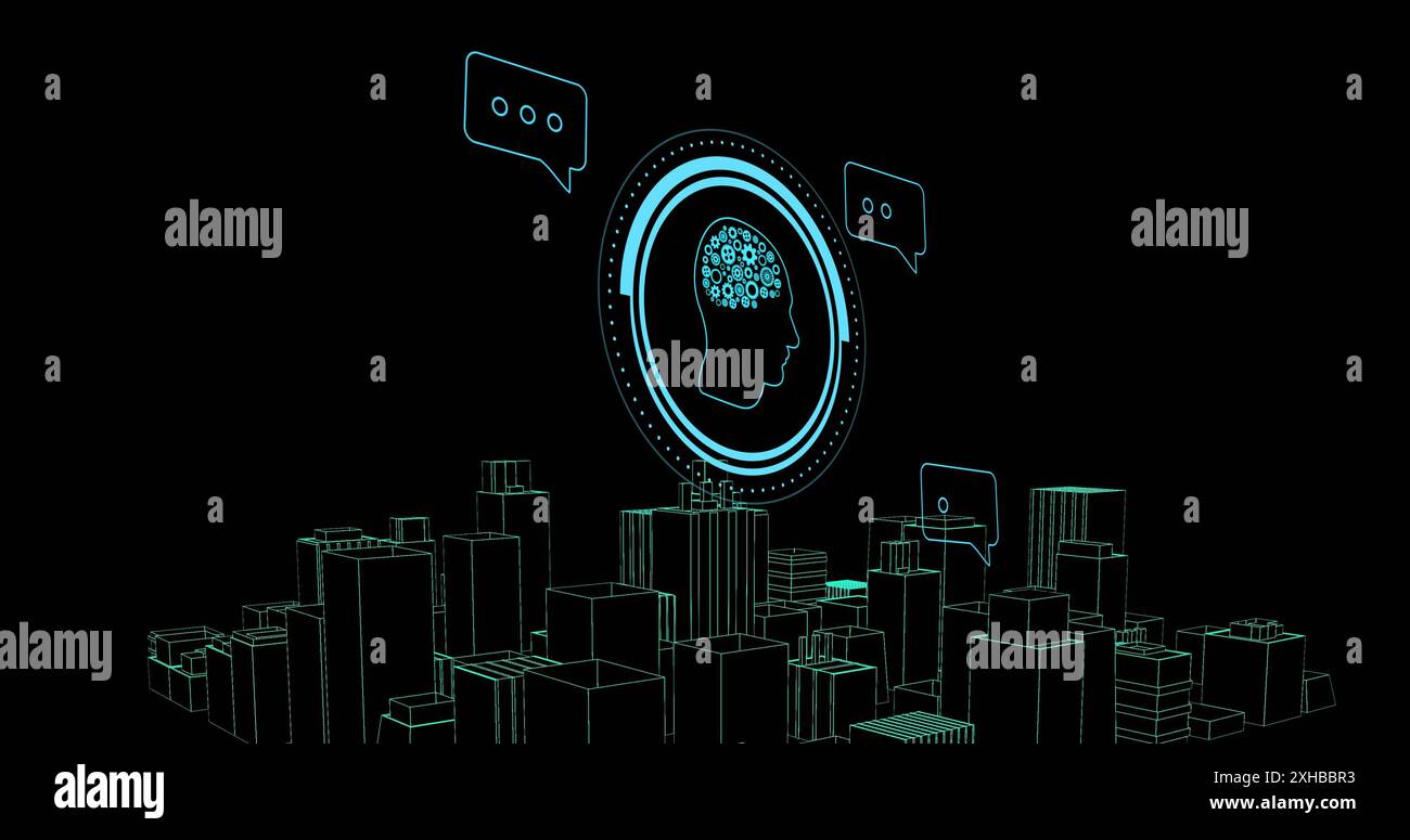 AI brain icon and chat bubbles in digital cityscape, representing ...