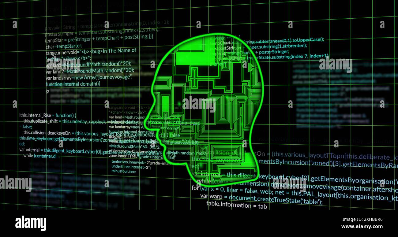 Digital human head silhouette with programming code representing ...