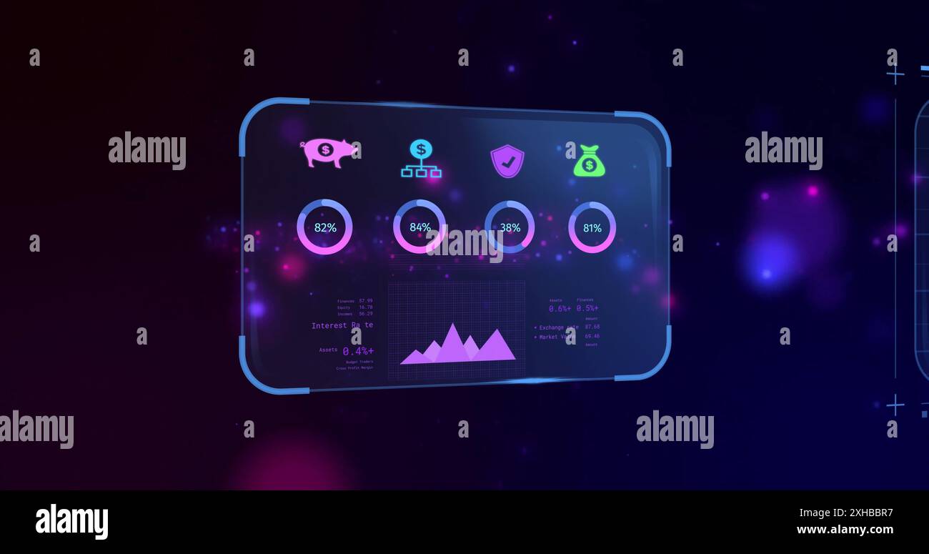 Displaying analytics and performance metrics, digital financial dashboard with futuristic design ...
