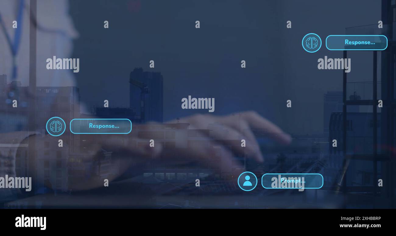 Typing on keyboard, person interacting with AI prompts and responses on screen. Technology ...
