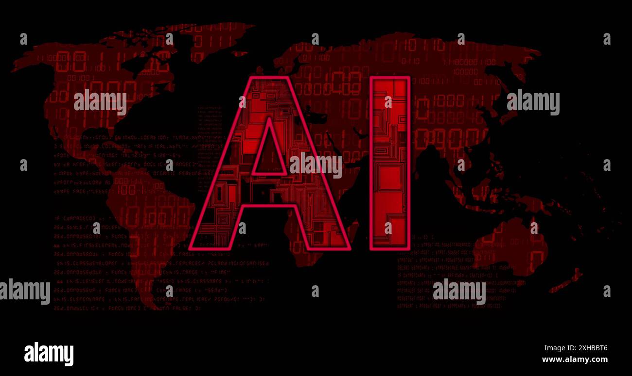 AI text overlay on world map, representing artificial intelligence with ...