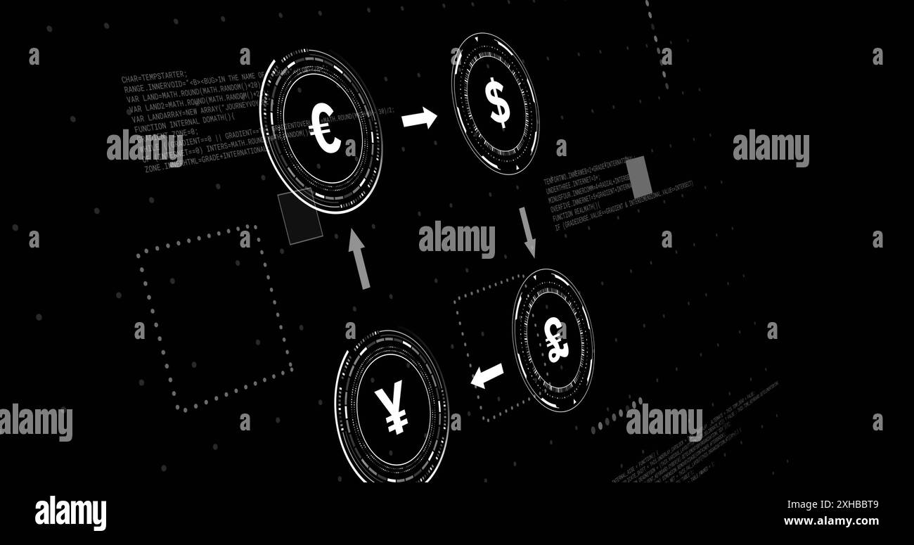 Digital currency symbols with arrows illustrating global financial ...
