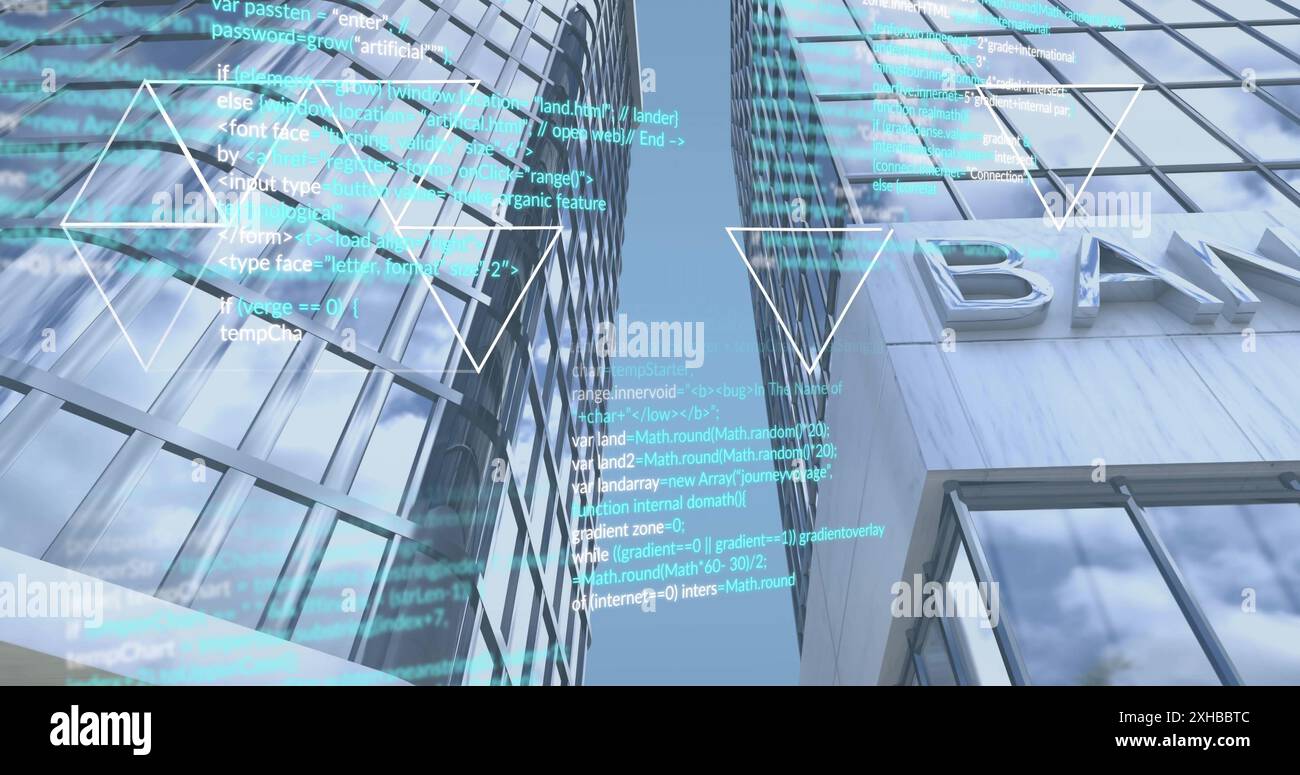 Digital code overlaying office buildings, representing financial ...