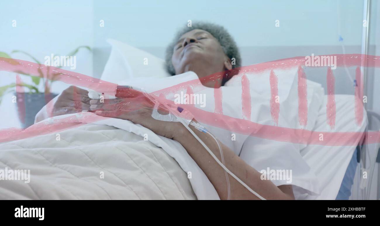 Patient resting in hospital bed with IV drip and DNA strand overlay ...