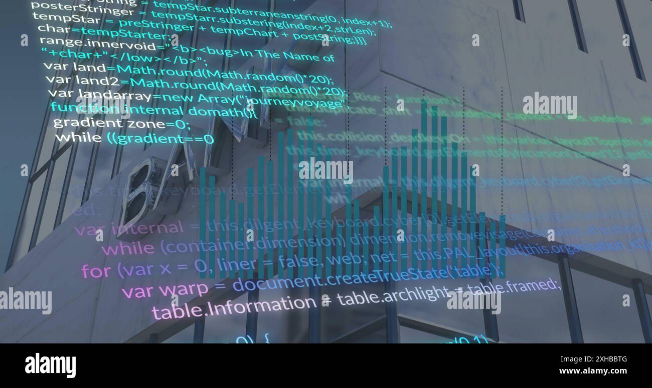 Financial data and code overlay on building exterior, representing ...