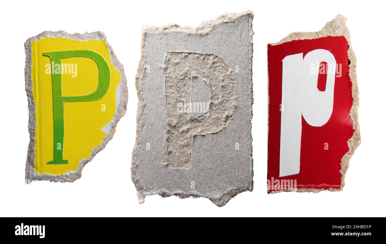 P or d alphabet torn from a magazine paper on white background with ...