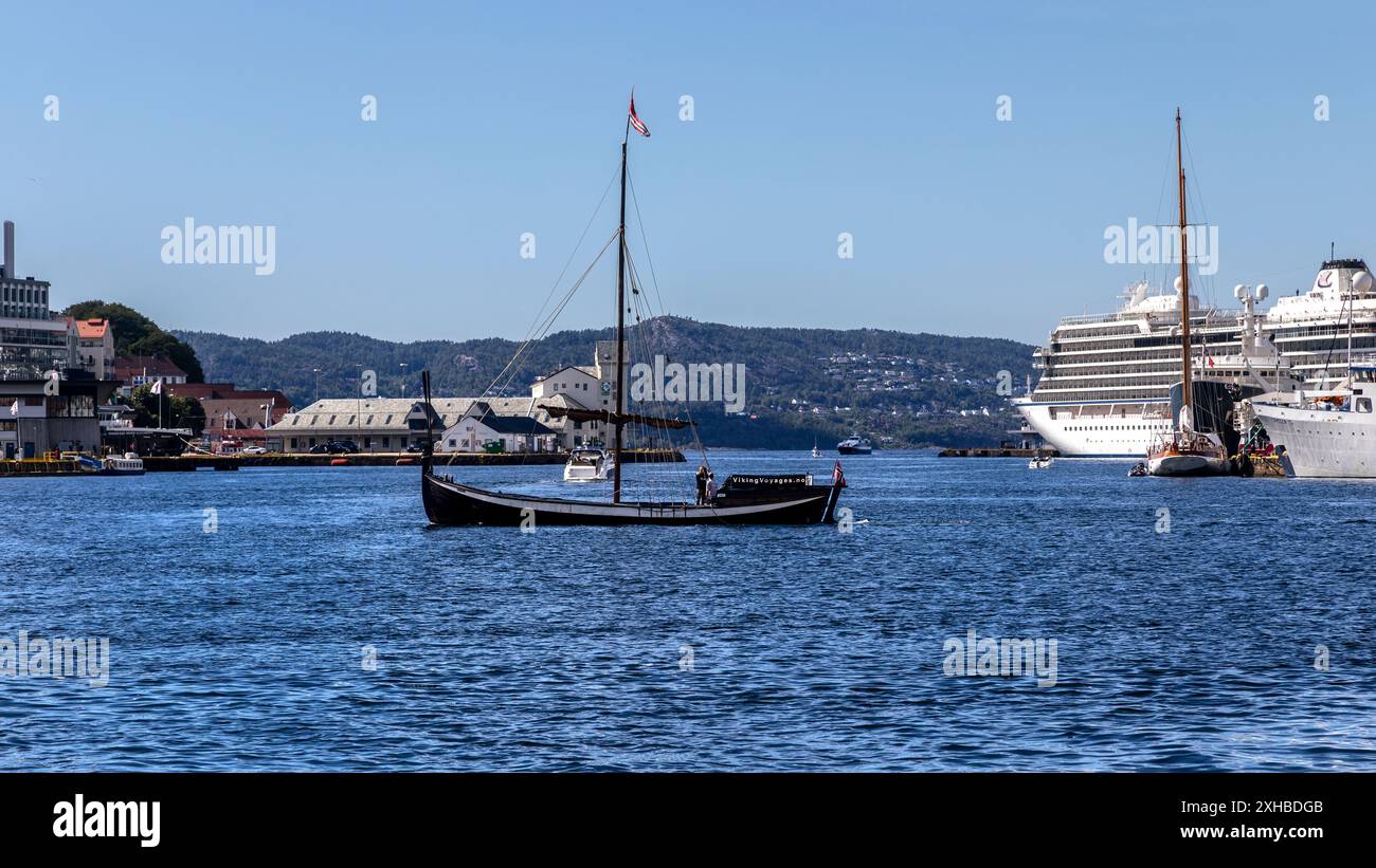 A replica viking sailing vessel at the inner port of Bergen, Norway ...