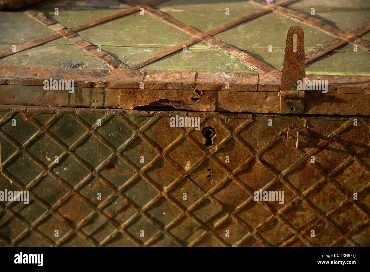 An ancient iron-bound wooden chest with a broken keyhole Stock Photo ...