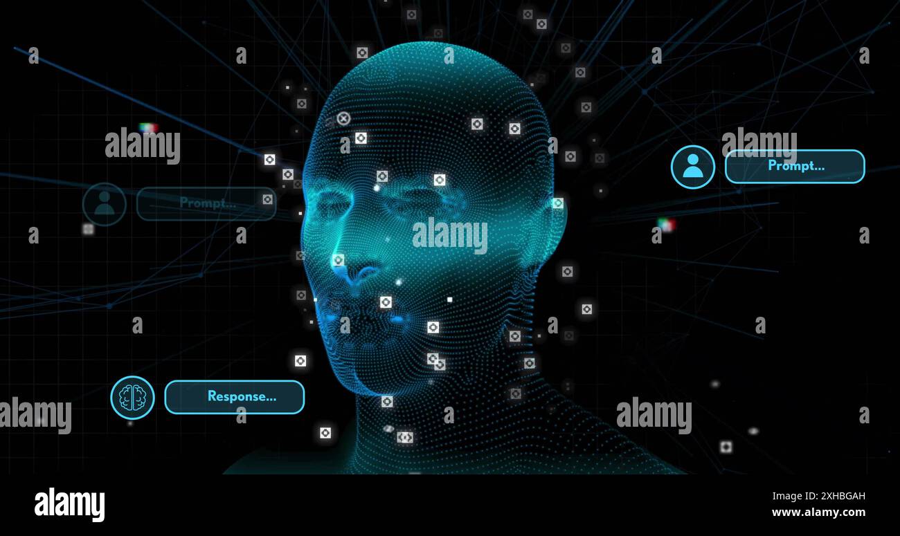 Image of data processing and media icons over digital human spinning ...