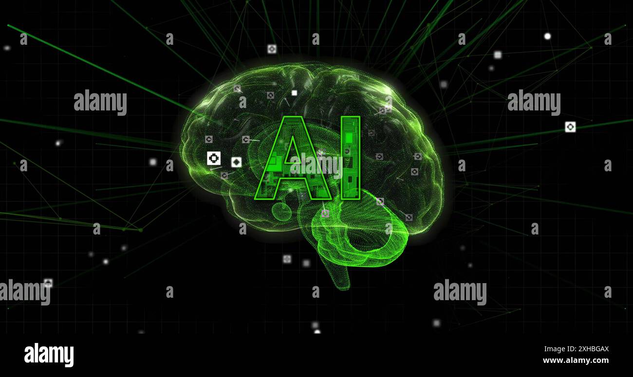 Image of ai text over digital brain spinning and network of connections Stock Photo - Alamy