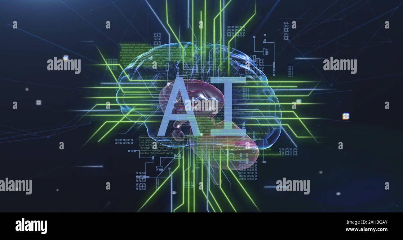 Image of ai text over digital brain spinning and data processing. Business, technology and ...