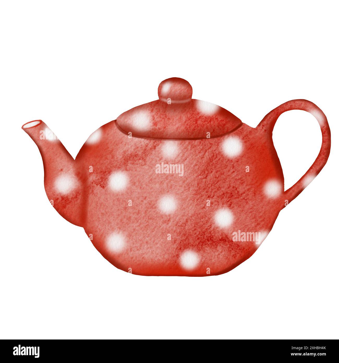 Teapot watercolor. Cute hand drawn red teapot with white polka dots ...