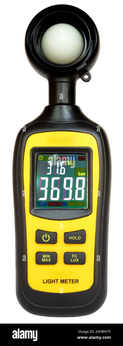 Yellow and black light meter with an LCD display seen from the front ...