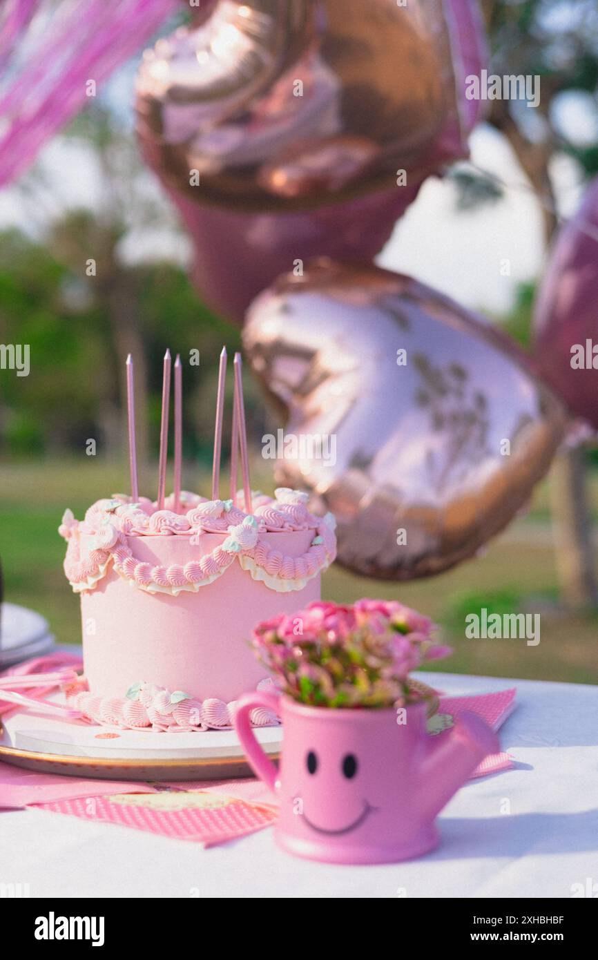 birthday picnic in park in pink color Stock Photo - Alamy