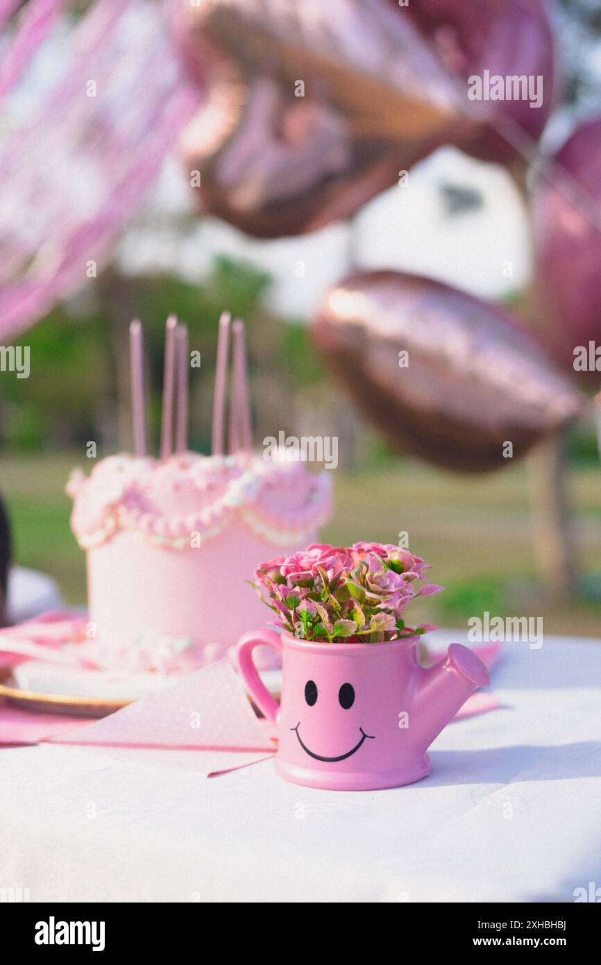 birthday picnic in park in pink color Stock Photo - Alamy