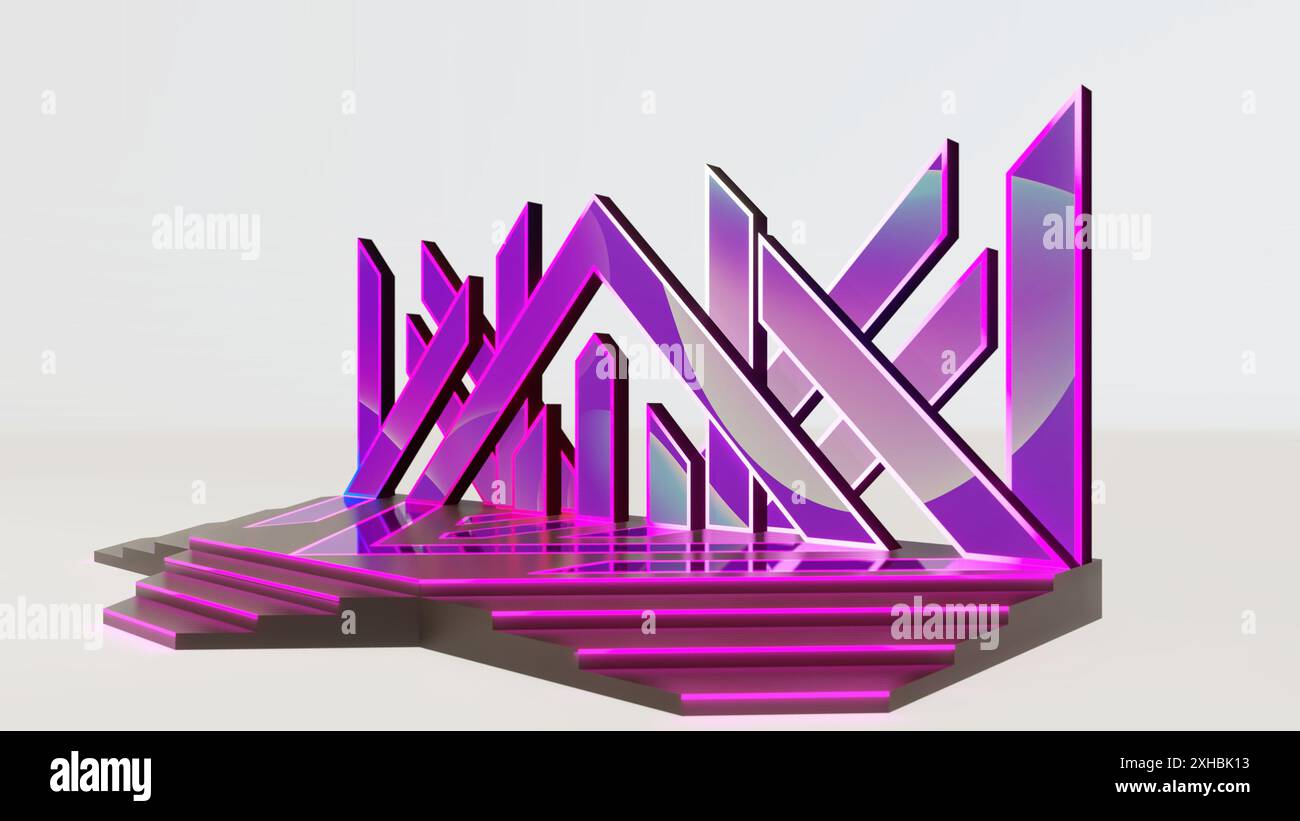 3D rendering indoor stage for event with pink neon lights isolated ...