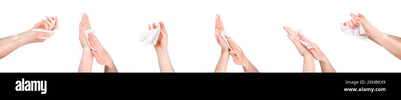Woman hand use antibacterial wet wipes or tissue isolated on a white ...