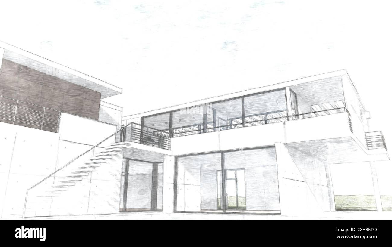 Colored sketch of a modern house with glass and stairs, frog's eye view ...