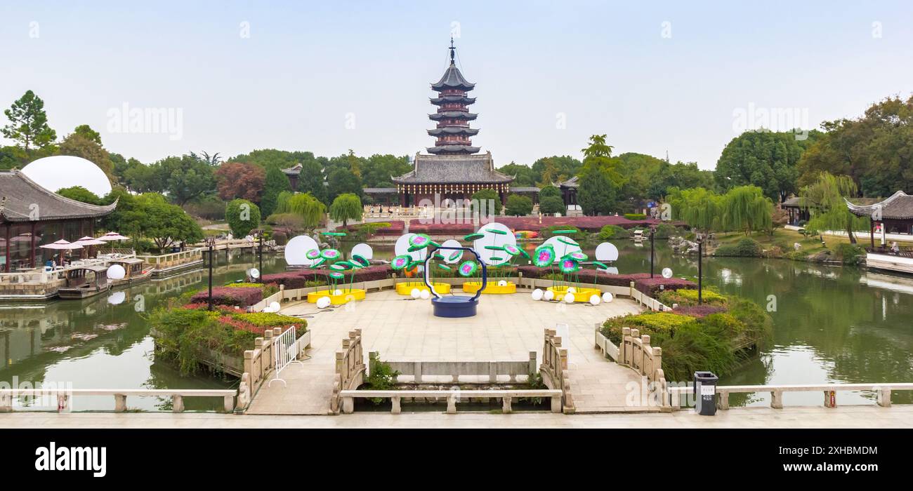 Panorama of the historic pagoda in the Panmen scenic area in Suzhou ...
