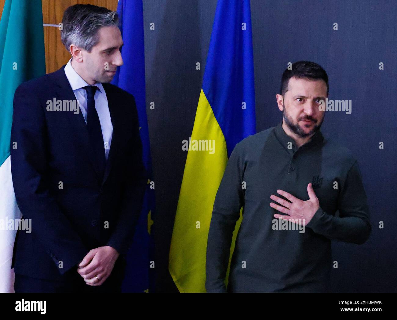 Taoiseach Simon Harris and Ukrainian President Volodymyr Zelensky pose ...
