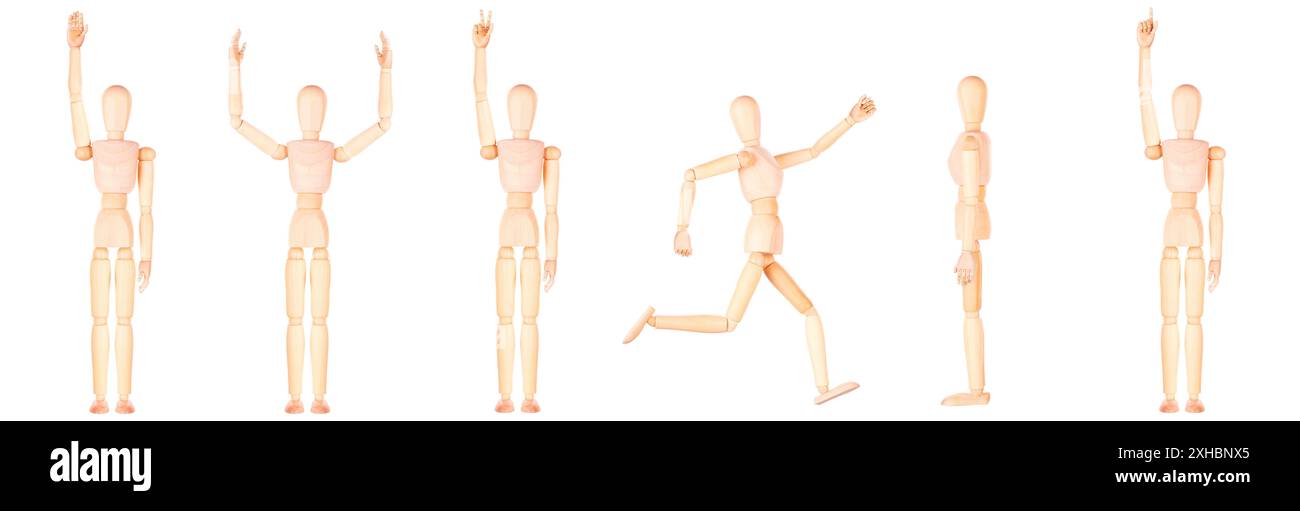 Collection of wooden human mannequins demonstrating different poses and ...