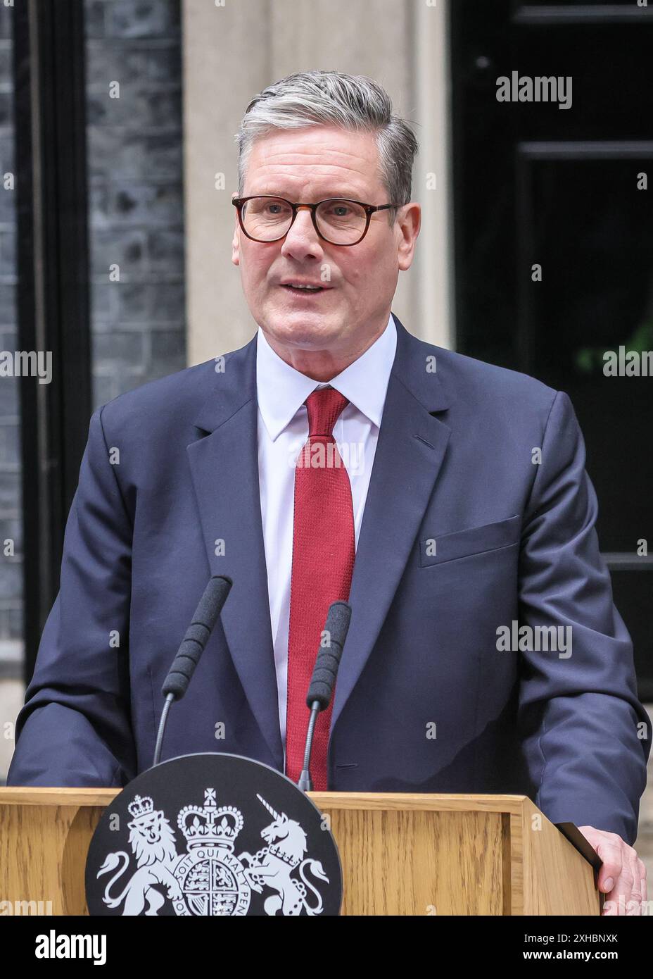 Sir Keir Starmer, Prime Minister of the United Kingdom speaks by the No 10 Downing Street door ...