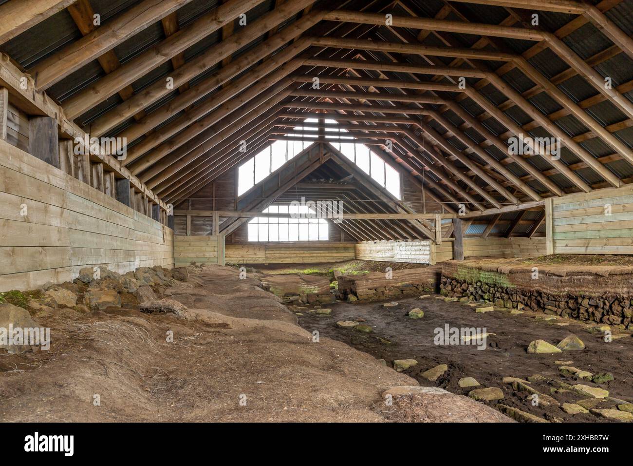 Stong, inside view of the viking-era farmstead longhouse in Iceland in ...