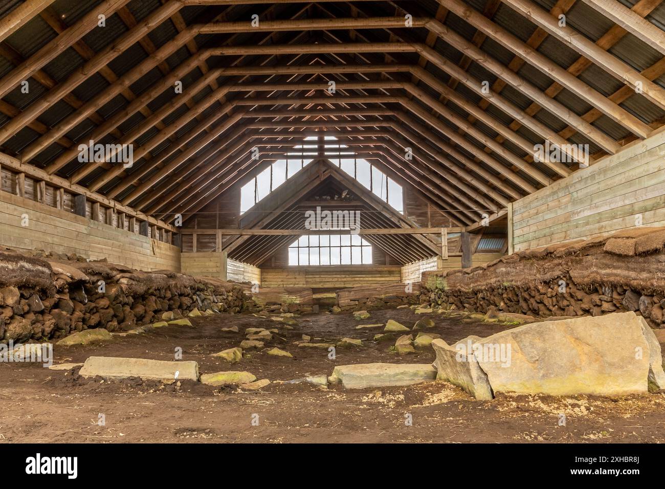 Stong, inside view of the viking-era farmstead longhouse in Iceland in ...