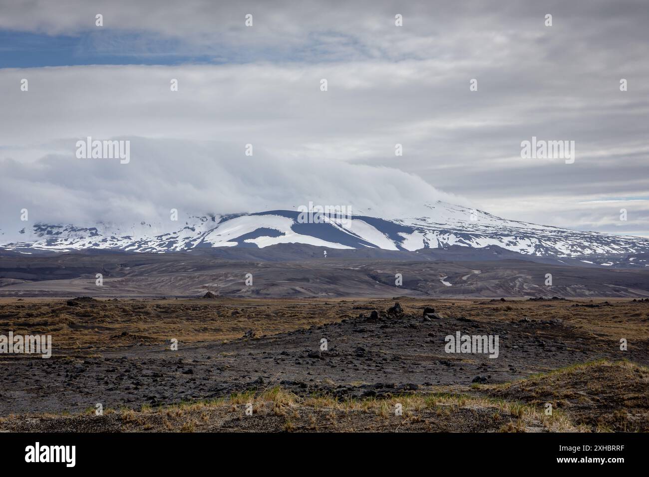 Raw Icelandic landscape with volcanic lava field and snowcapped Hekla ...