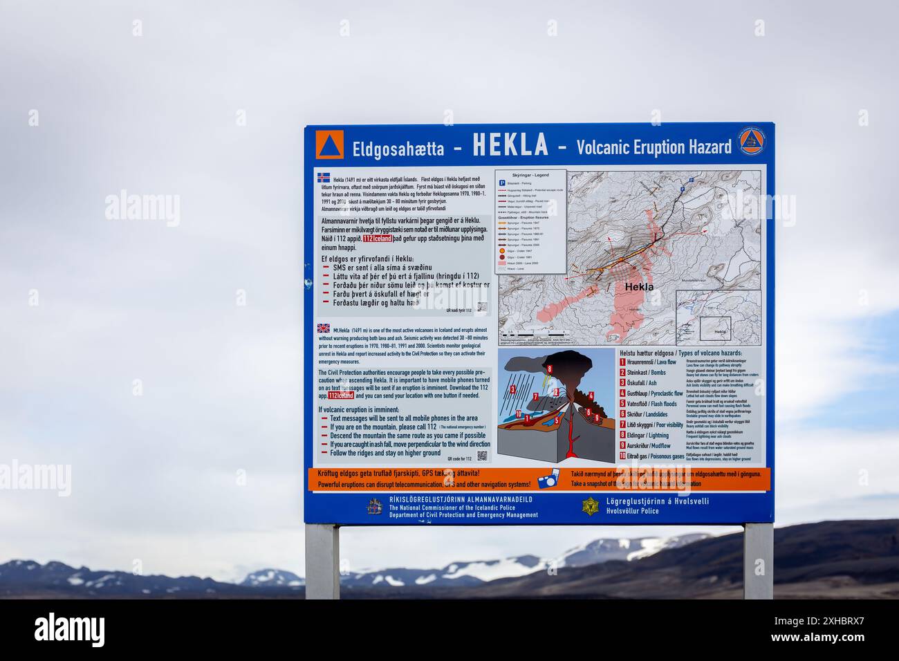 Hekla, Iceland, 15.05.22. Hekla - Volcanic Eruption Hazard tourist information board with Hekla ...