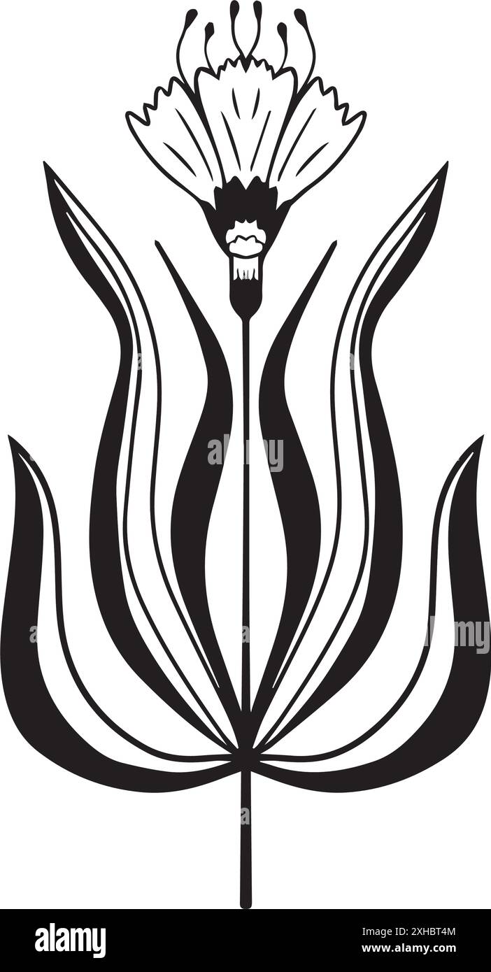 linocut flower decorative black and white, Doodle line art style ...