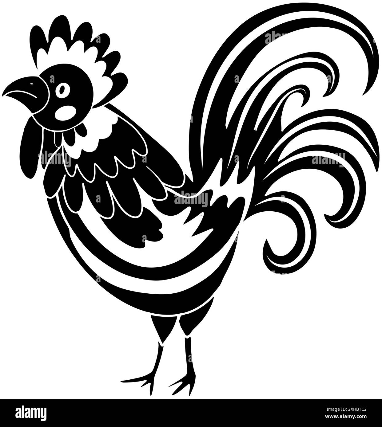 Linocut rooster. Chicken, Cock black silhouette vector illustration ...